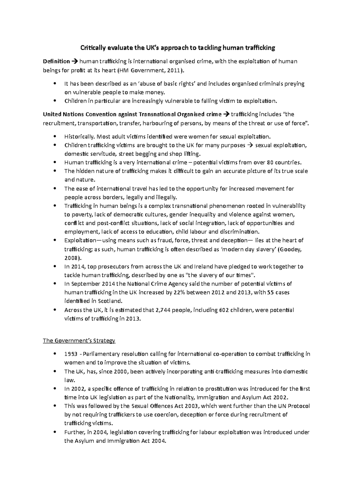 Human trafficking notes - Critically evaluate the UK’s approach to ...