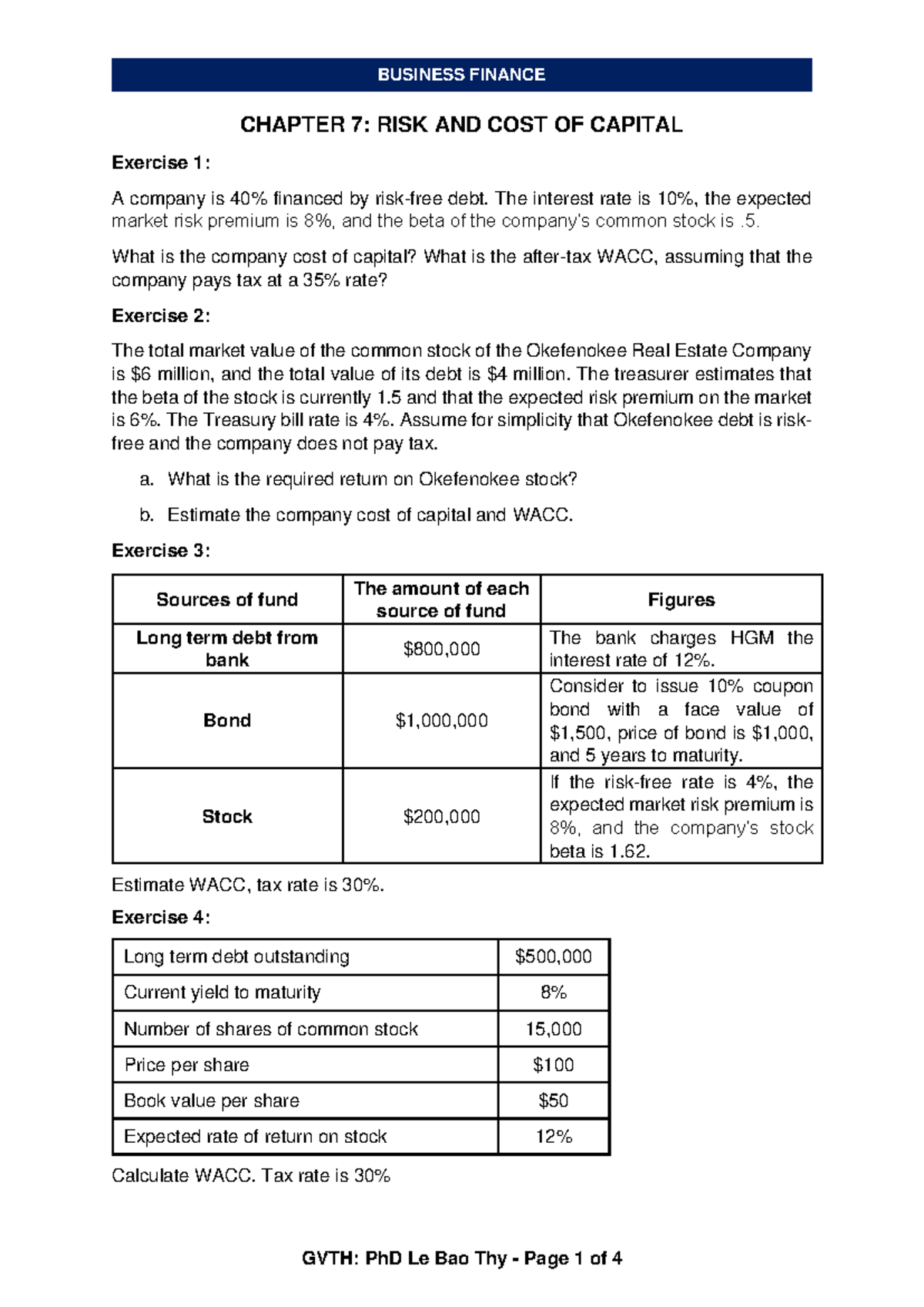 Chapter 7 - Risk and the Cost of Capital - CHAPTER 7 : RISK AND COST OF ...