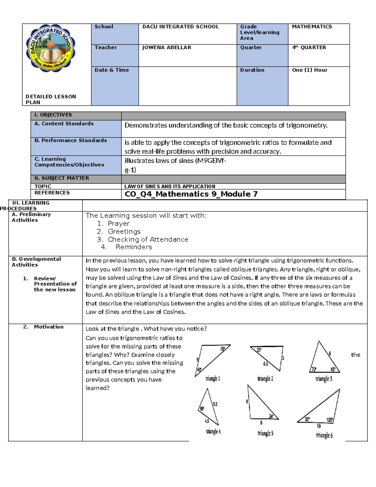 LP Grade 9 LAW OF Sines AND ITS Application - DETAILED LESSON PLAN ...