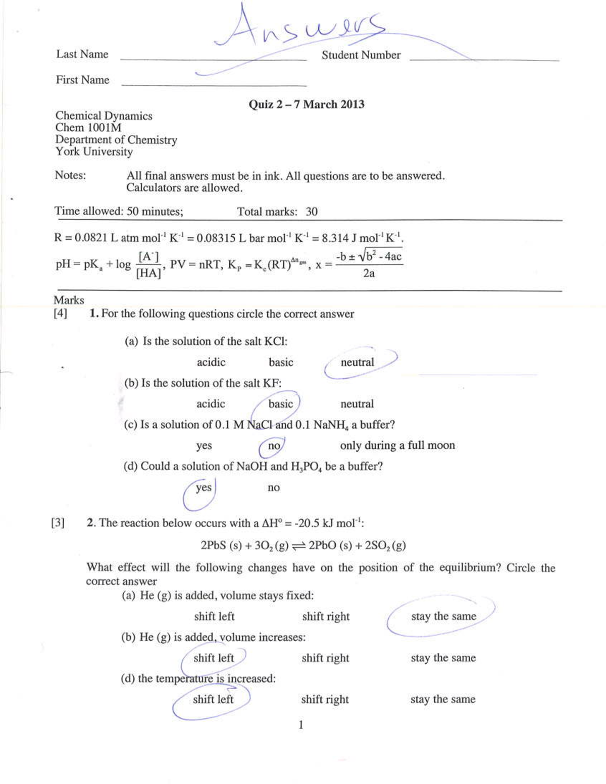 Exam 2014, questions and answers - Last Name Student Number _ _ First Name _ Quiz 2 March 2013 ...