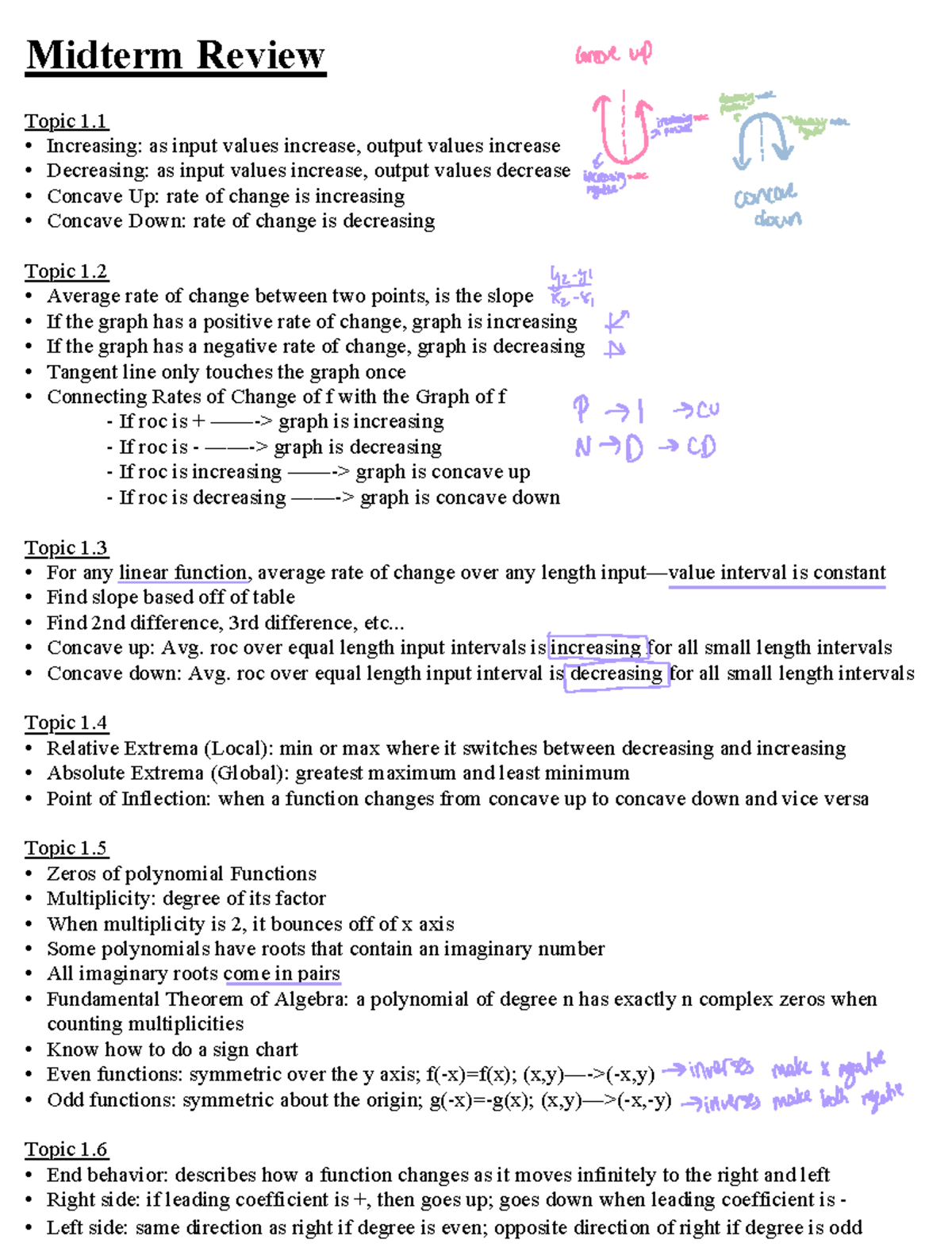 Semester Exam Study Guide - Midterm Review Topic 1. Increasing: as input values increase, output ...