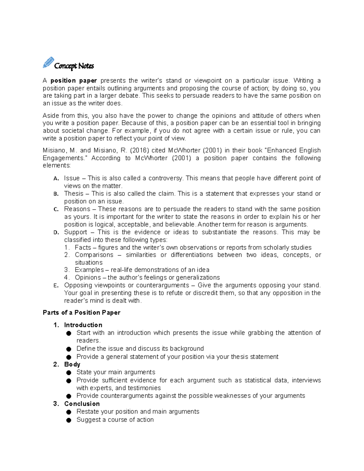 Lesson 7-Writing a Position Paper - Concept Notes A position paper ...
