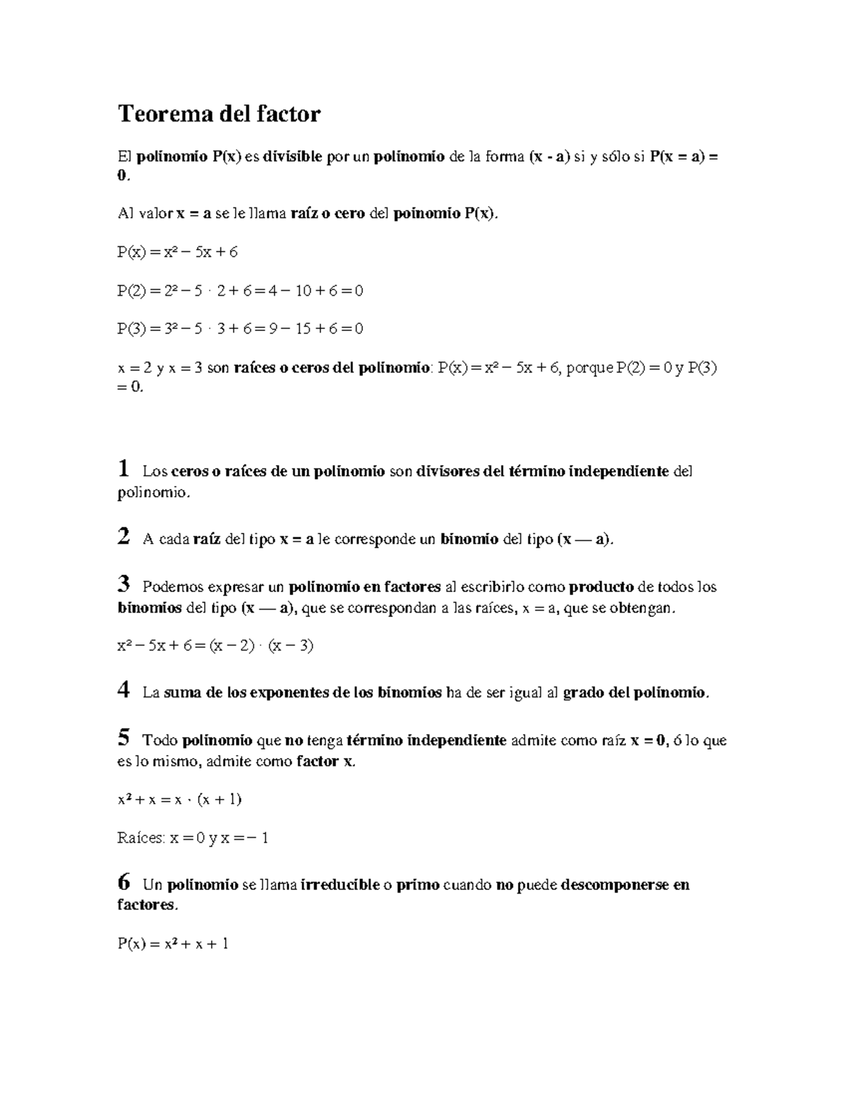 Teorema del factor - Al valor x = a se le llama raíz o cero del ...