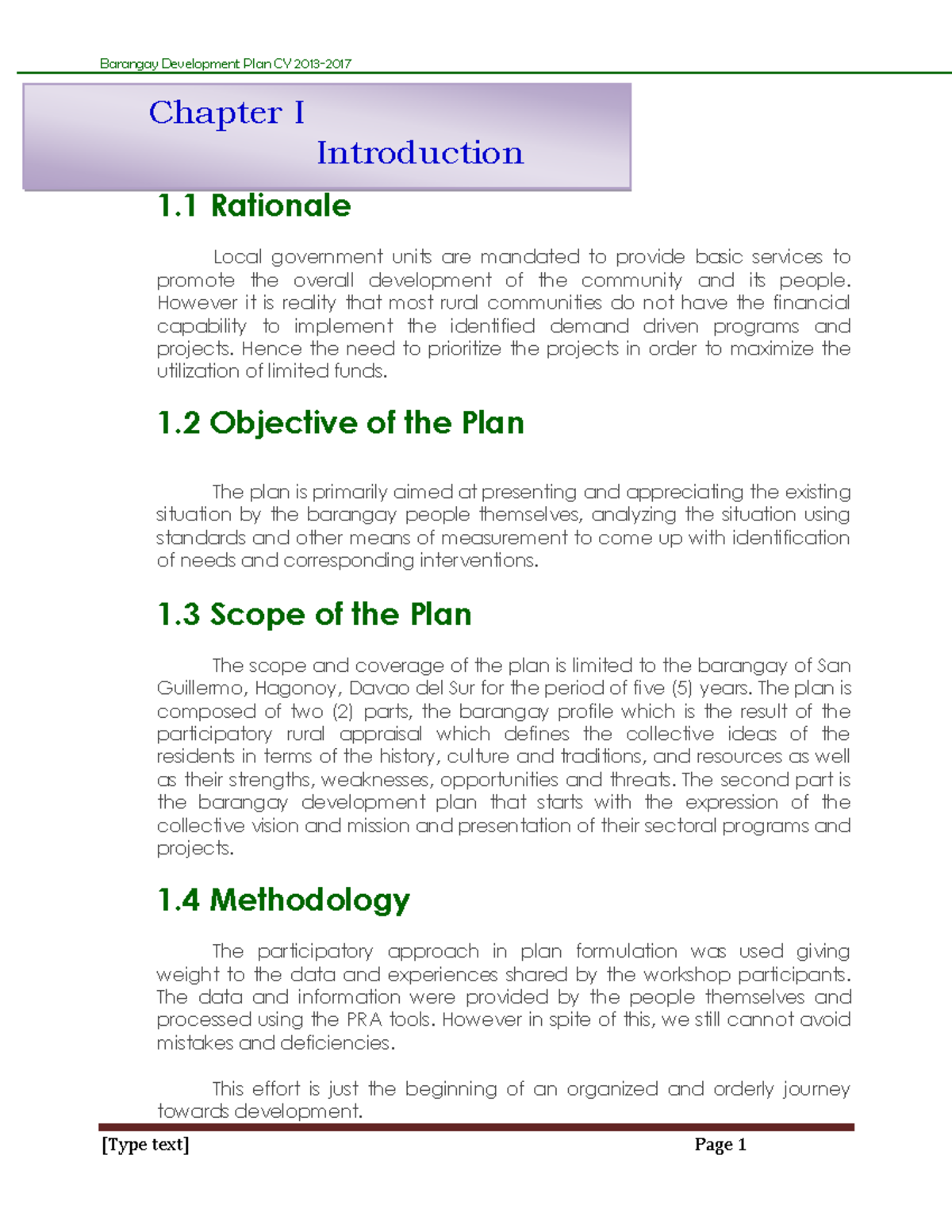 Barangay DEVT PLAN Format final - Chapter 1 1 Rationale Local ...