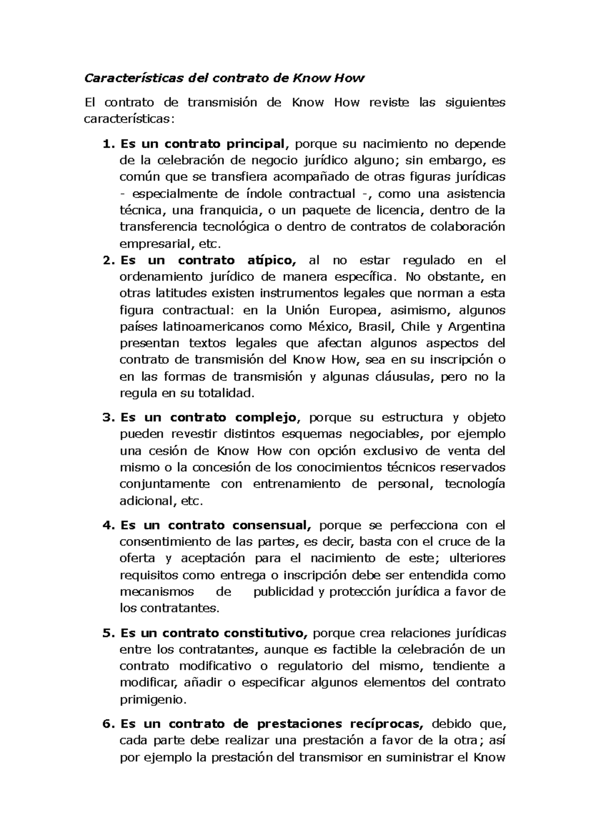 Características del contrato de Know How - Características del contrato ...