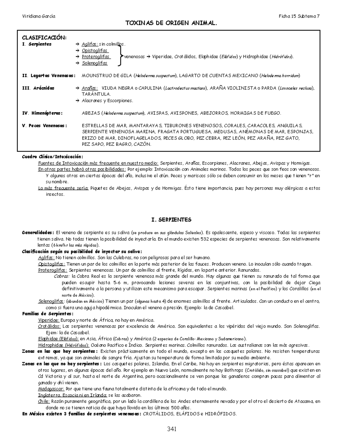 Ficha 15 SUB7 - TOXINAS DE ORIGEN ANIMAL. CLASIFICACIÓN: I. Serpientes ...