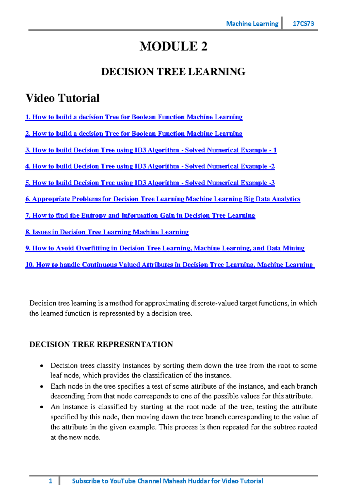 17CS73-ML- Vtupulse - NOTES - MODULE 2 DECISION TREE LEARNING Video ...