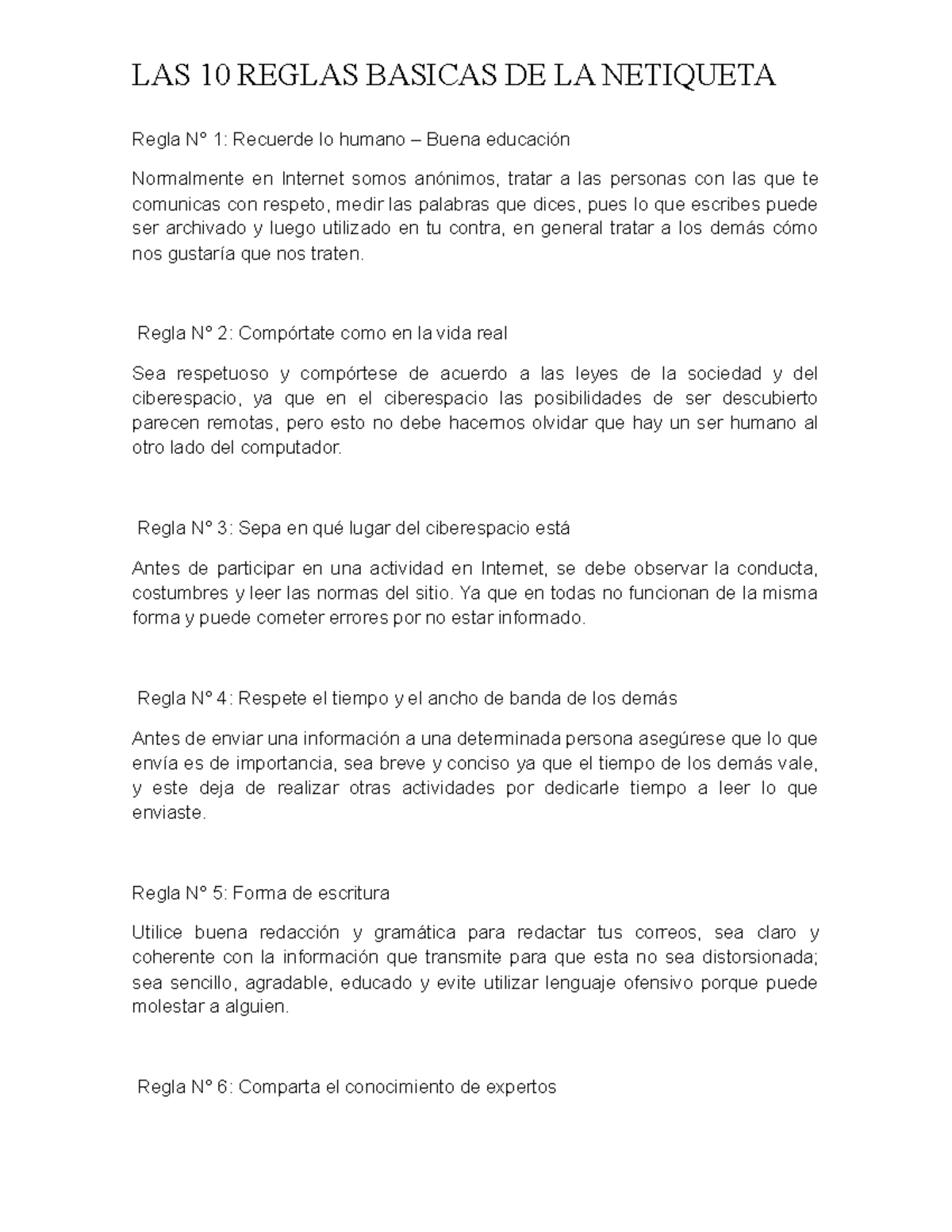 Netiqueta - LAS 10 REGLAS BASICAS DE LA NETIQUETA Regla N° 1: Recuerde ...