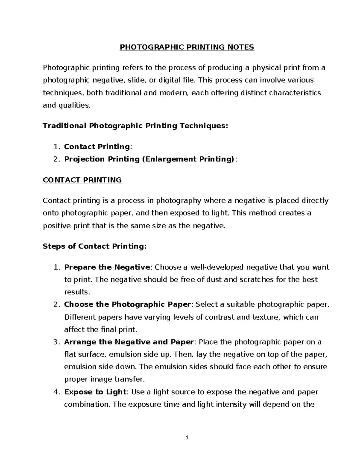 Photographic Printing Notes - PHOTOGRAPHIC PRINTING NOTES Photographic ...