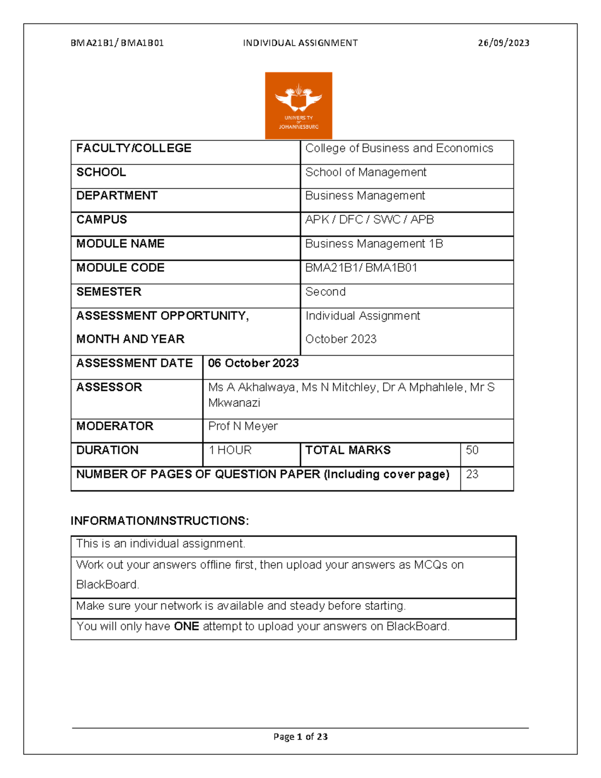 BMA21B1 Individual Assignment Updated - - Studocu