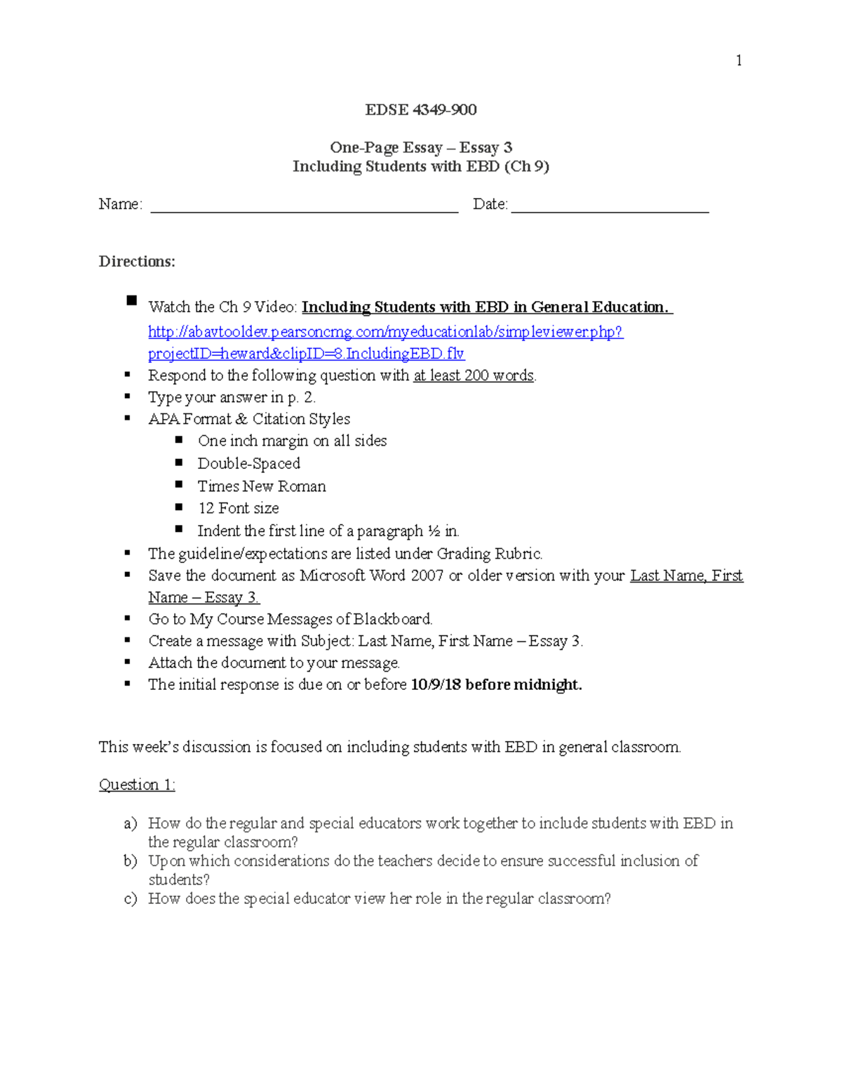 Ch 9 - Including Students with EBD - 1 EDSE Essay Essay 3 Including ...