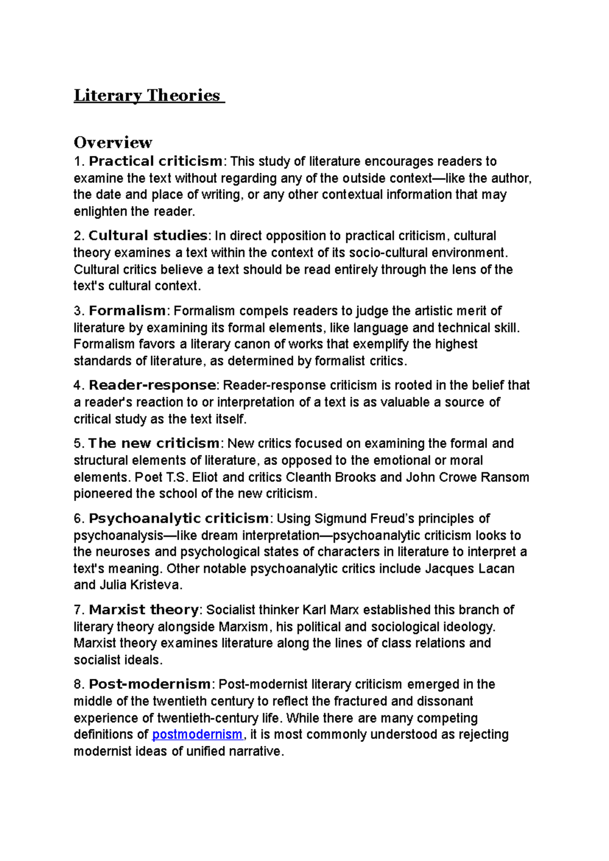 Literary Theories - Literary Theories Overview 1. Practical criticism ...