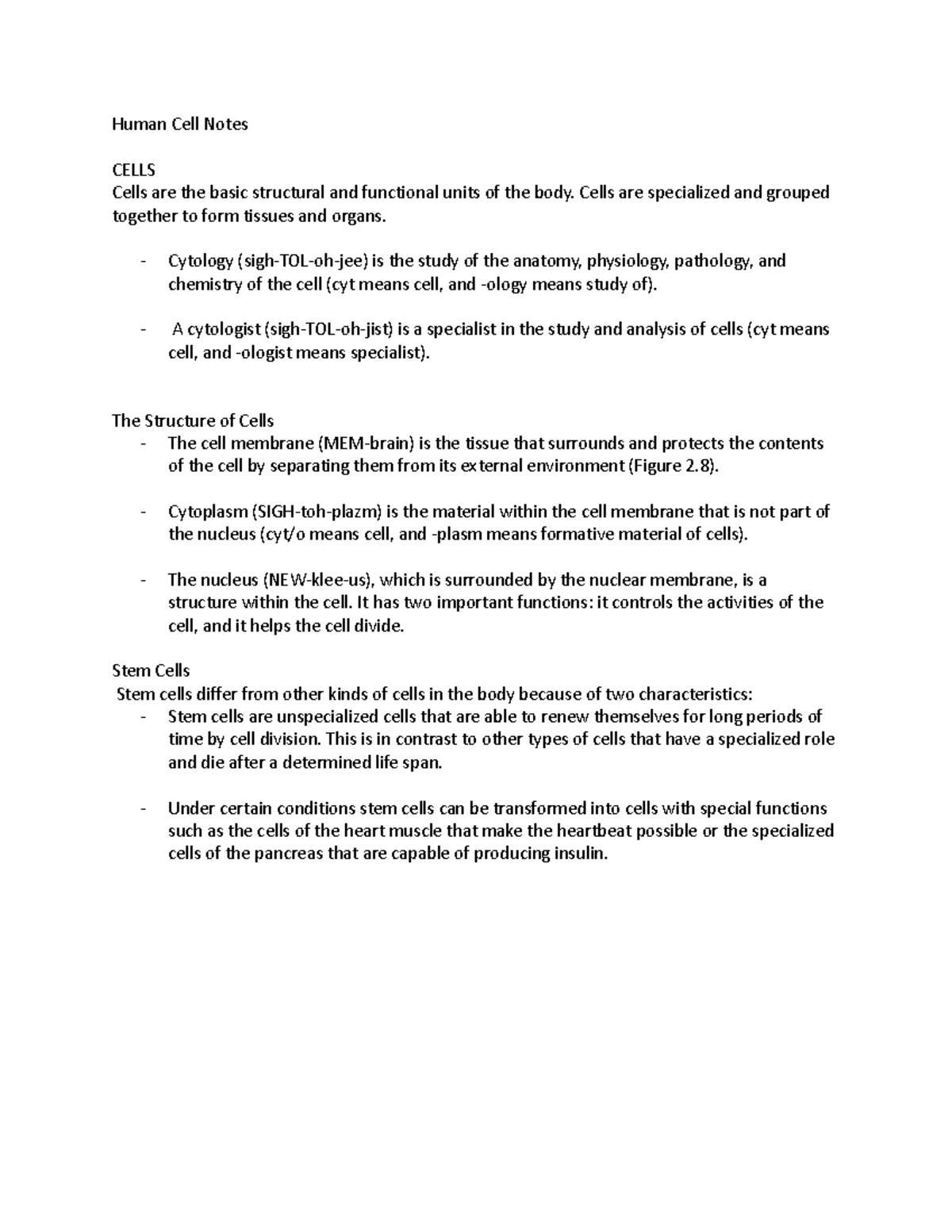 Medical Studies Cells - Cornell Notes - Human Cell Notes CELLS Cells ...