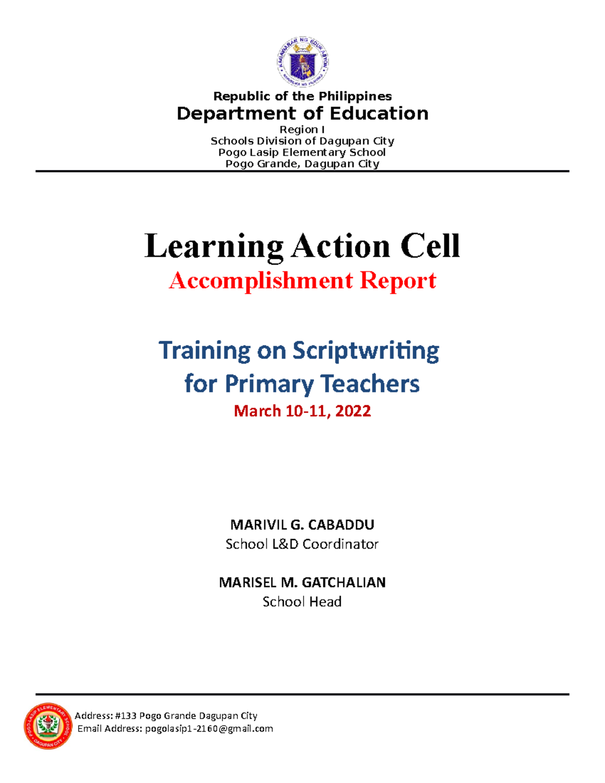 LAC#1 - Learning Action Cell used in Elementary Level - Department of ...