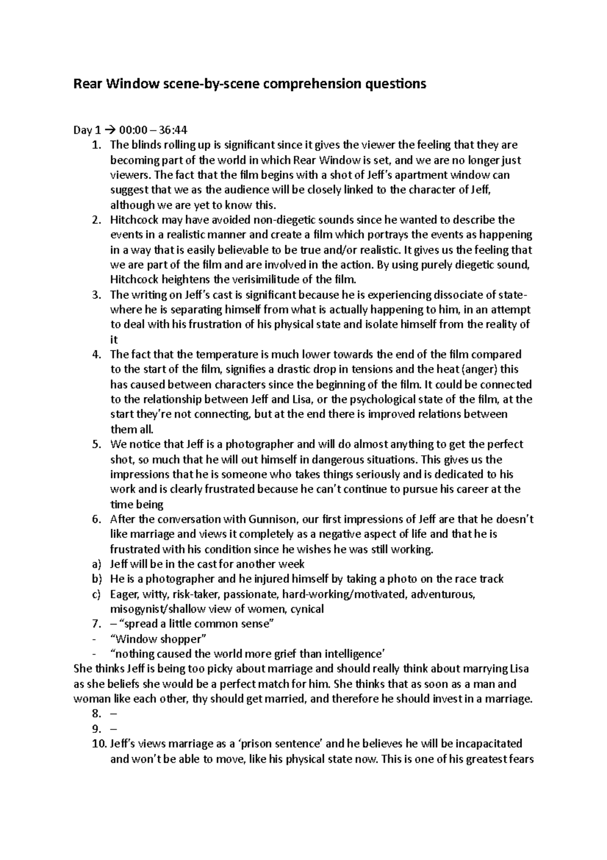Scene-by-scene Analysis questions FOR REAR WINDOW THE MOVIE - Rear ...