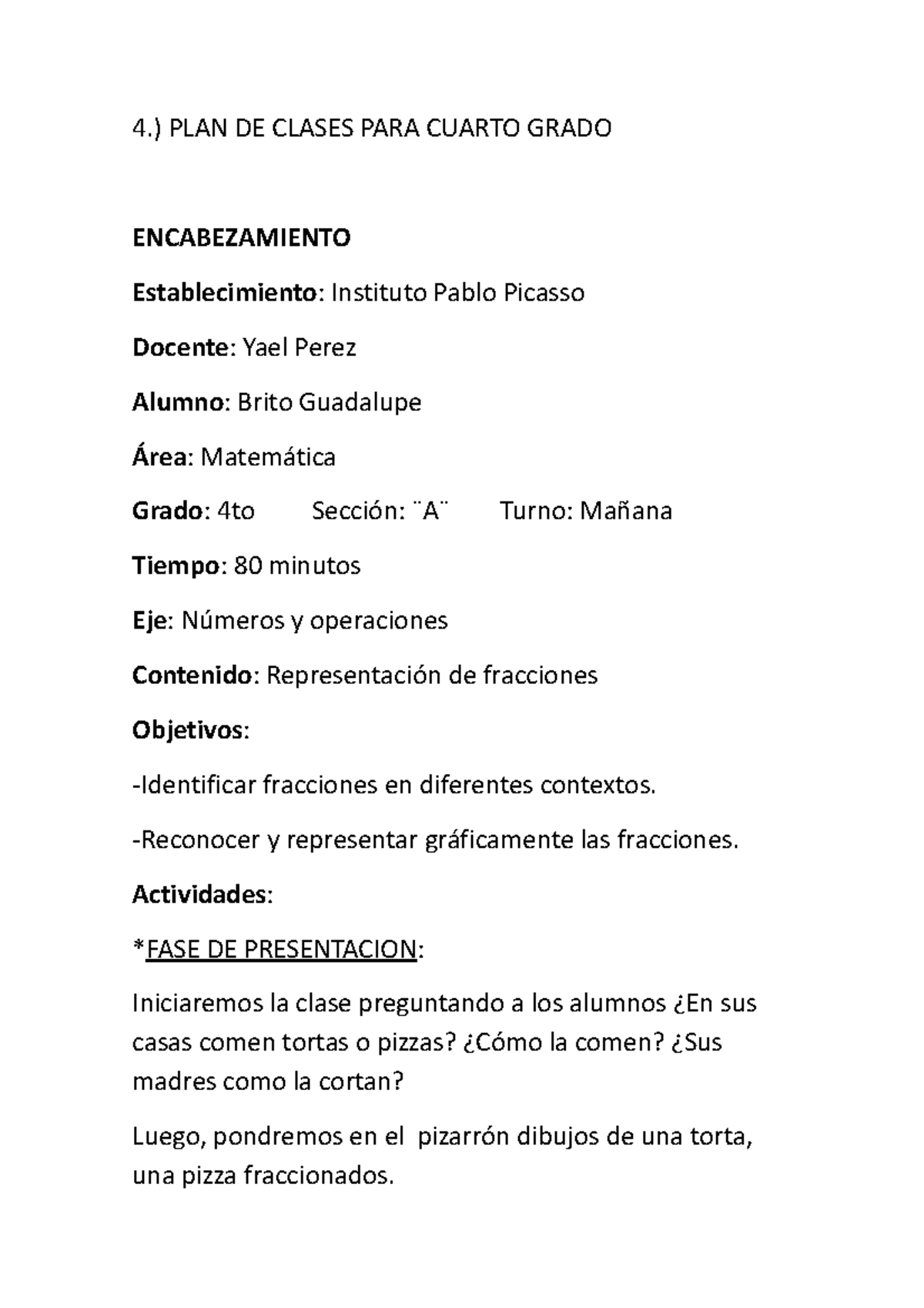 Plan de clase Matematica - 4.) PLAN DE CLASES PARA CUARTO GRADO ...
