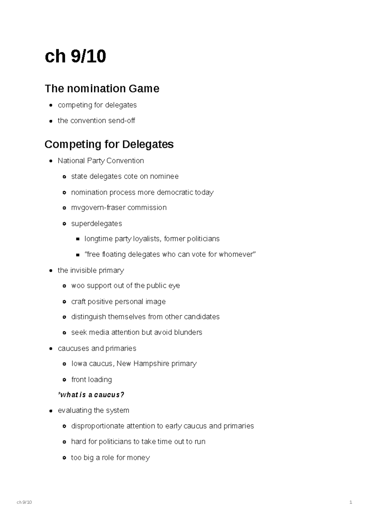 AP Government (AP GOV) Ch. 9/10 notes - ch 9/ The nomination Game ...