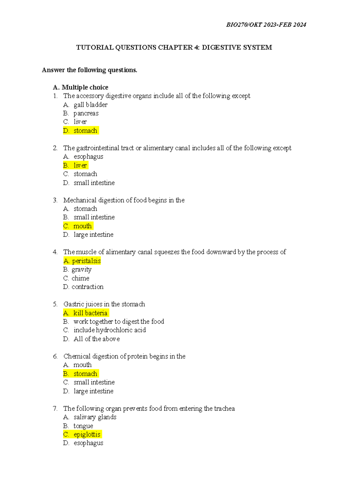 Bio tutorial chapter 4 - BIO270/OKT 2023-FEB 2024 TUTORIAL QUESTIONS CHAPTER 4: DIGESTIVE SYSTEM ...