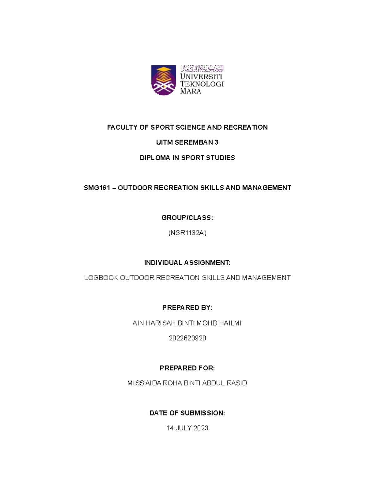 SMG161 ( Logbook) ( Risah) pdf - FACULTY OF SPORT SCIENCE AND ...