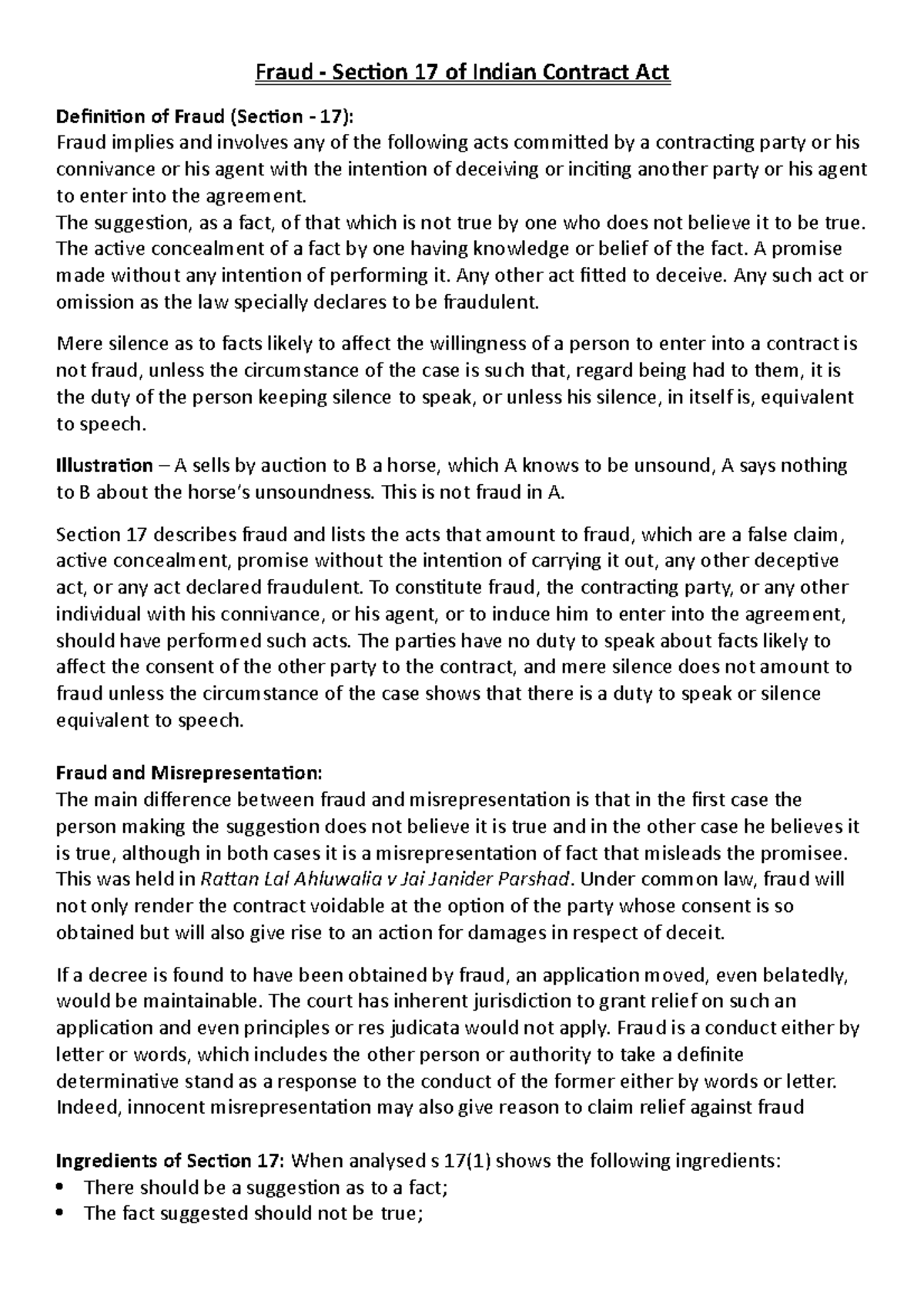 Fraud (Section 17) of Indian Contract Act 1872 - Fraud - Section 17 of ...