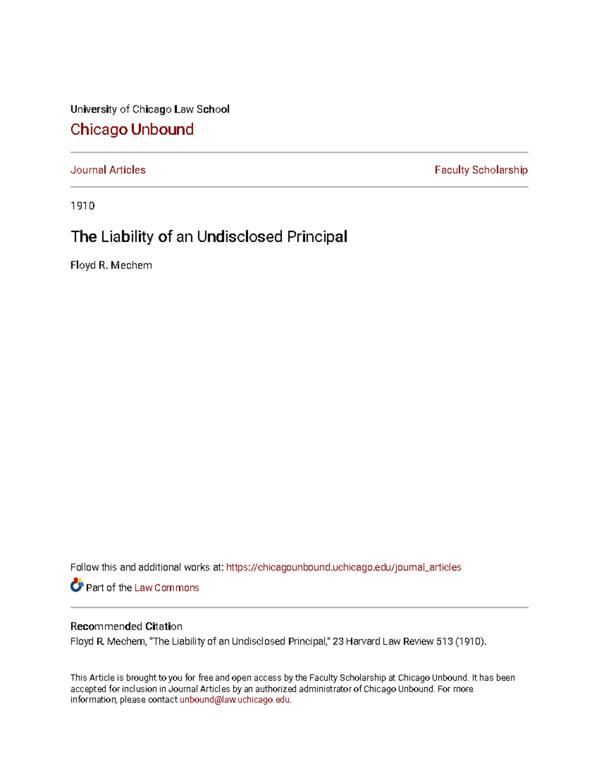 The Liability of an Undisclosed Principal - University of Chicago Law ...