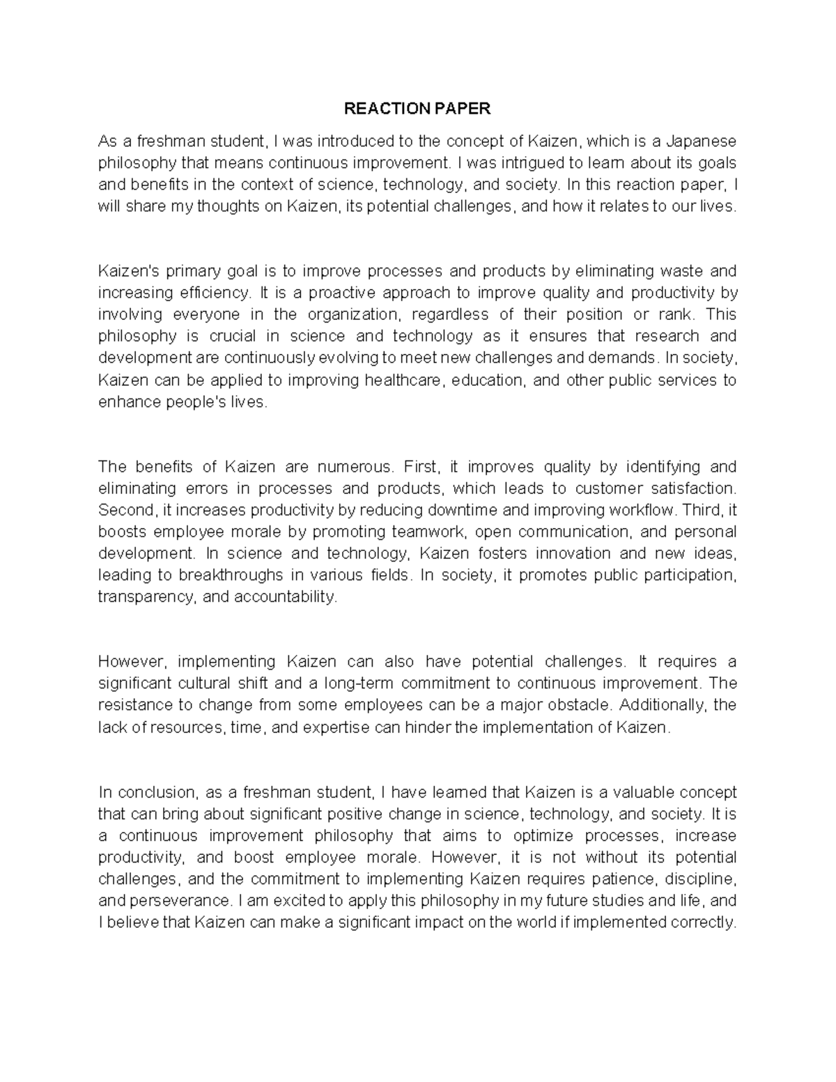 Reaction Paper in Management Science - REACTION PAPER As a freshman ...