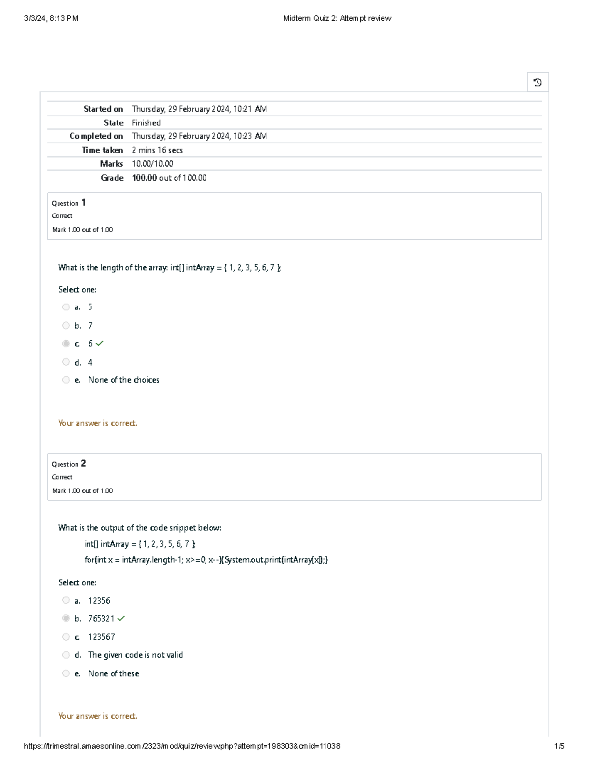 Midterm Quiz 2 Attempt review - Started on Thursday, 29 February 2024 ...