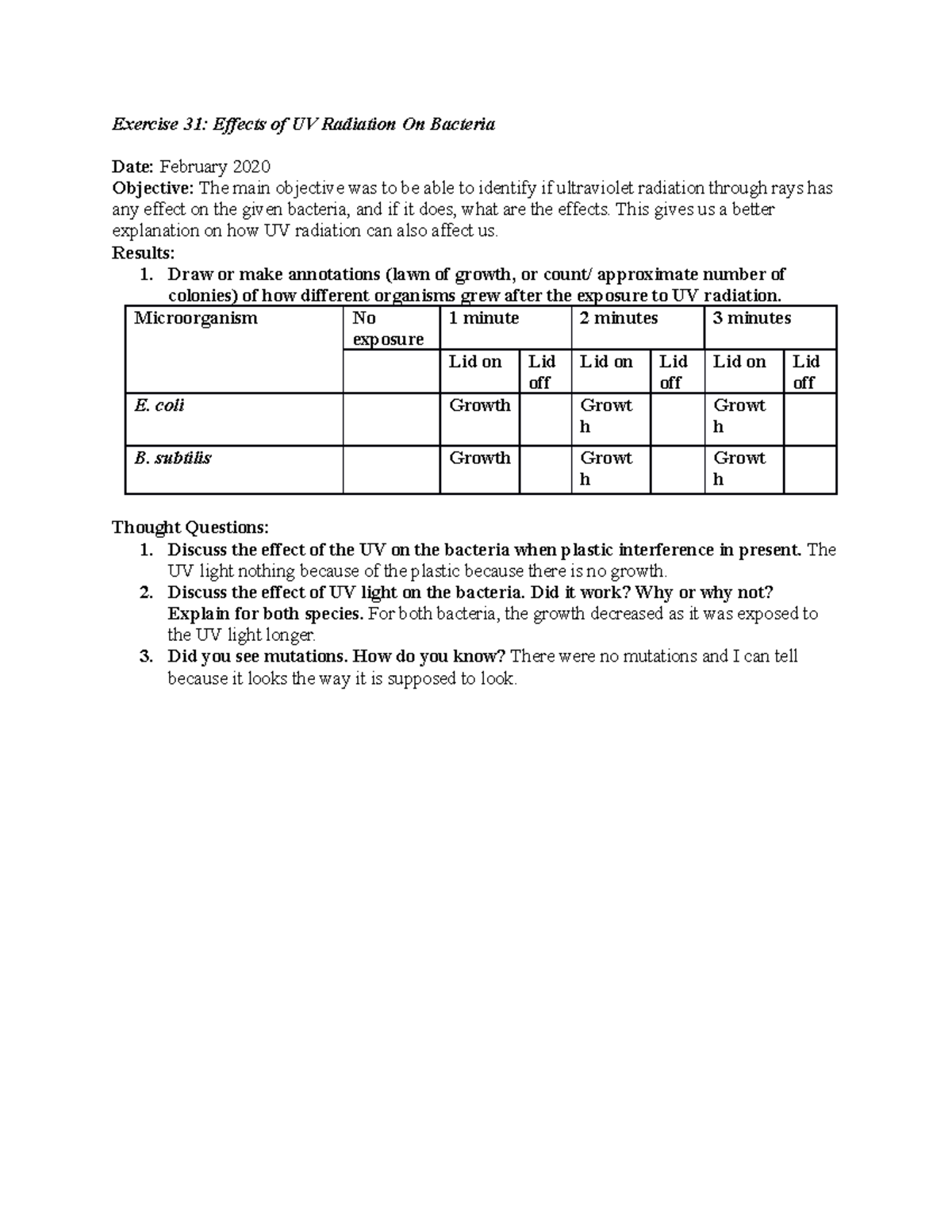 Exercise 31 - Dr. Randall Mark Jeter - Exercise 31: Effects of UV ...