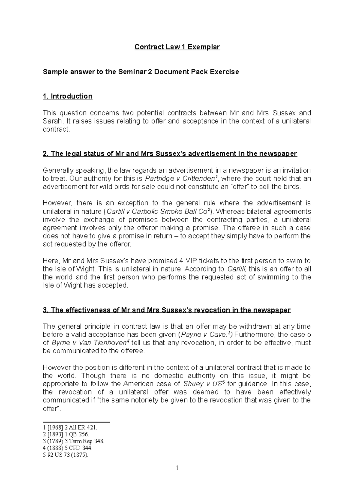 Contract Law 1 Exemplar - Contract Law 1 Exemplar Sample answer to the ...