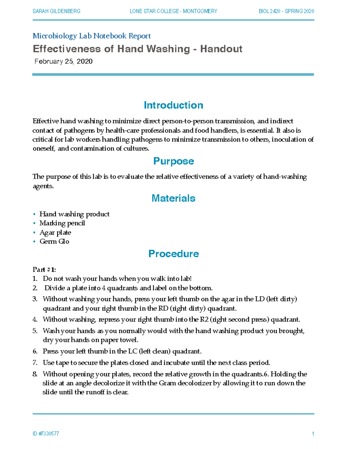 Complete Effectiveness of Handwashing Lab - SARAH GILDENBERG LONE STAR ...