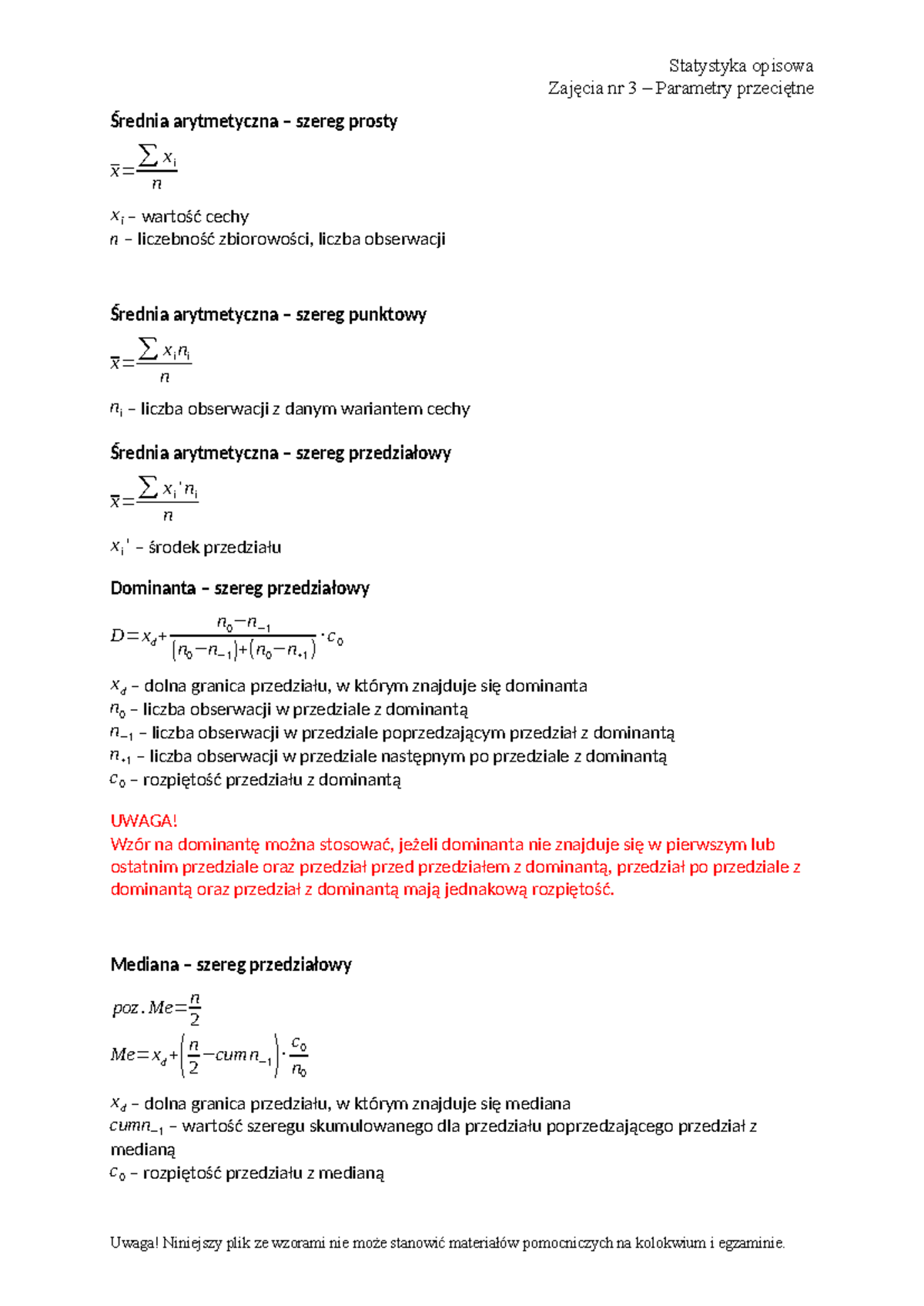 wzory na statystke - Statystyka opisowa Zajęcia nr 3 – Parametry ...
