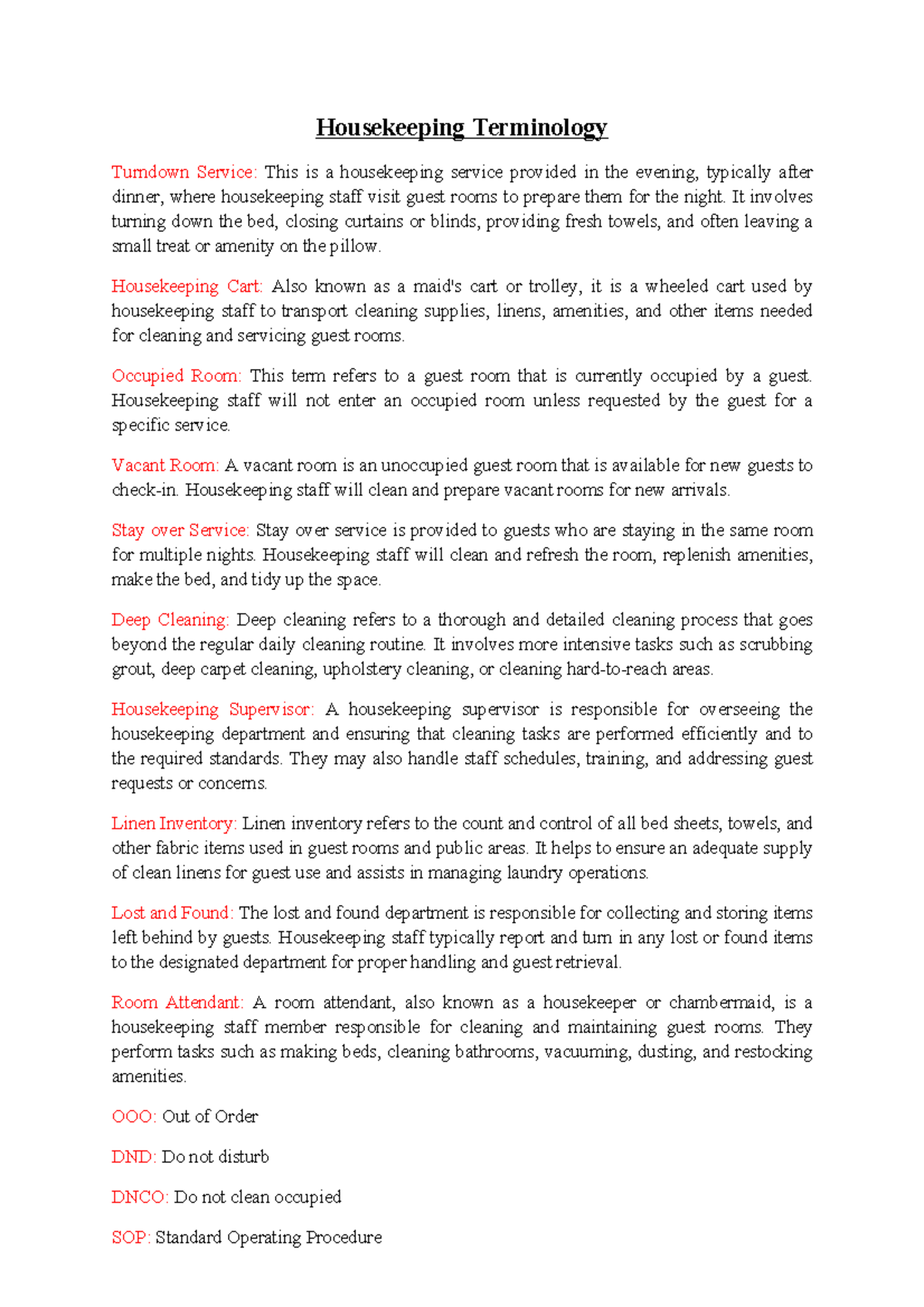 Housekeeping Terminology - Housekeeping Terminology Turndown Service ...