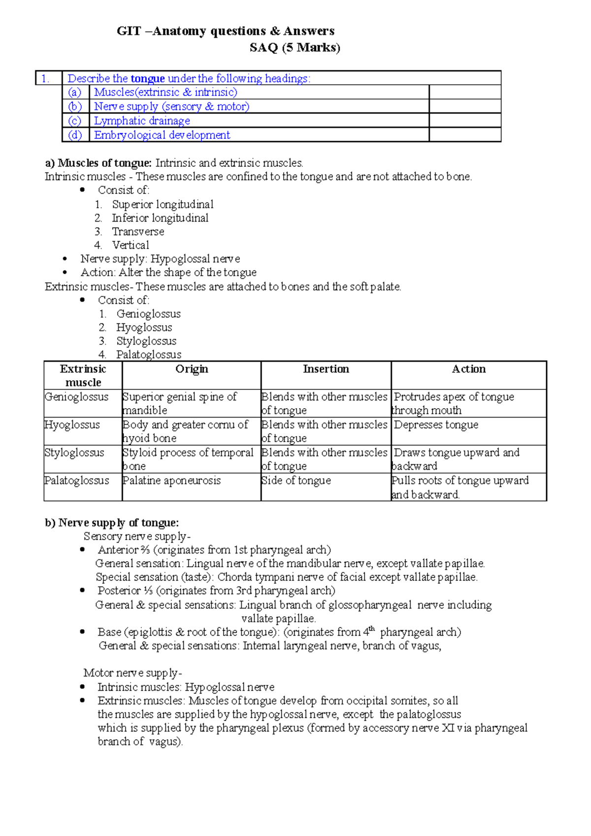 GIT - Anatomy-SAQ answers - GIT –Anatomy questions & Answers SAQ (5 ...