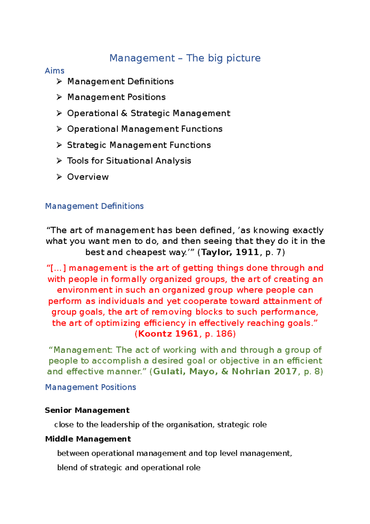 Lecture 4 - Notes - Management – The big picture Aims Management ...