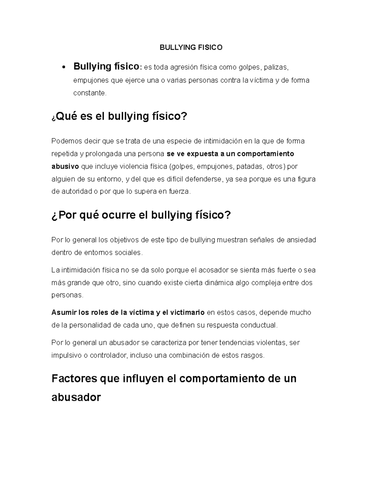 Bullying Fisico - BULLYING FISICO Bullying físico: es toda agresión ...