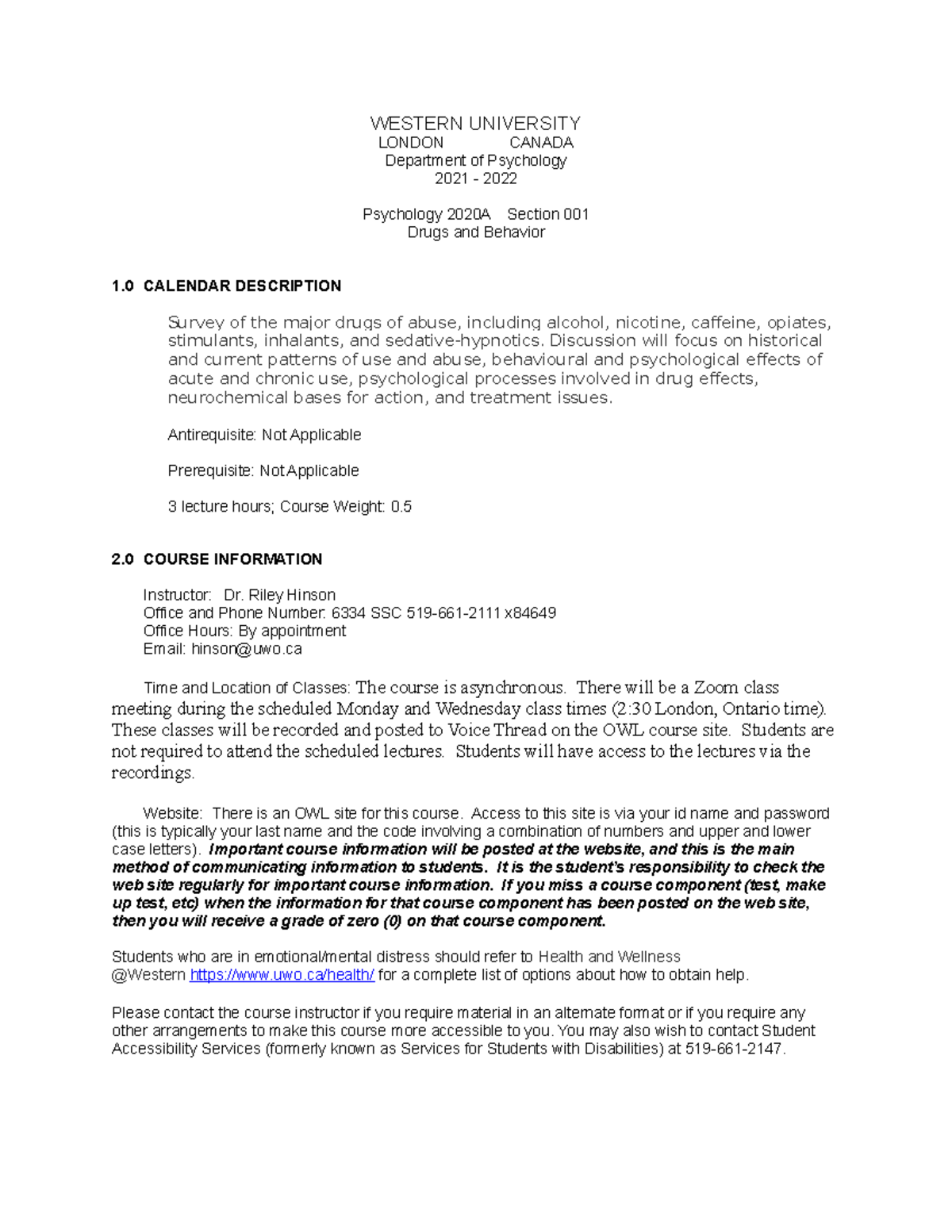 2020A September-Dec 2021 course outline - WESTERN UNIVERSITY LONDON ...