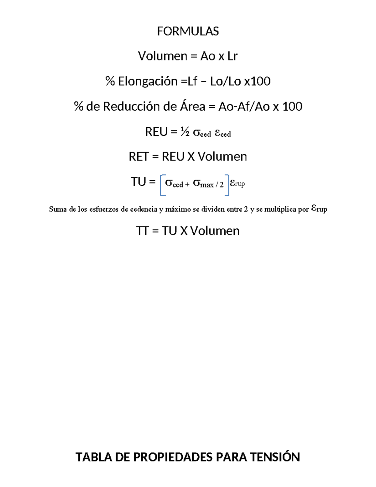 Tabla Propiedades 5 - Tarea - FORMULAS Volumen = Ao x Lr % Elongación ...