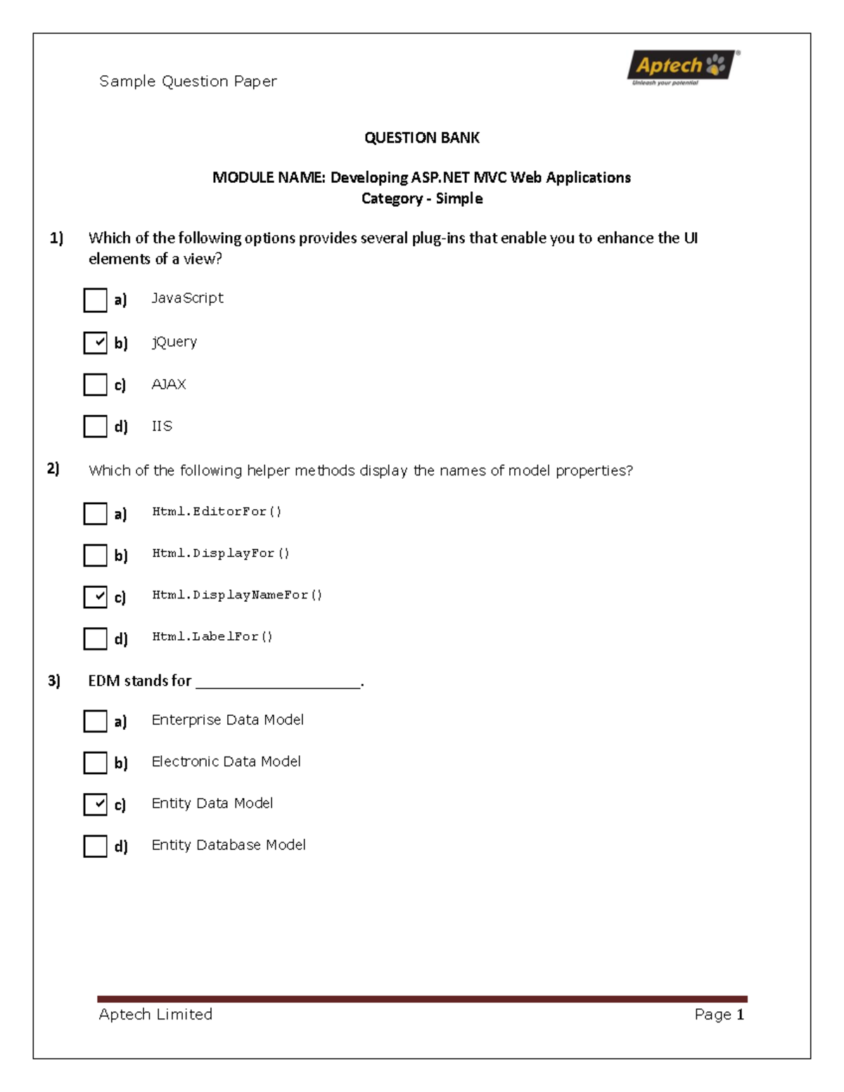 Ov sample qb asp - programming in asp - QUESTION BANK MODULE NAME: Developing ASP MVC Web - Studocu