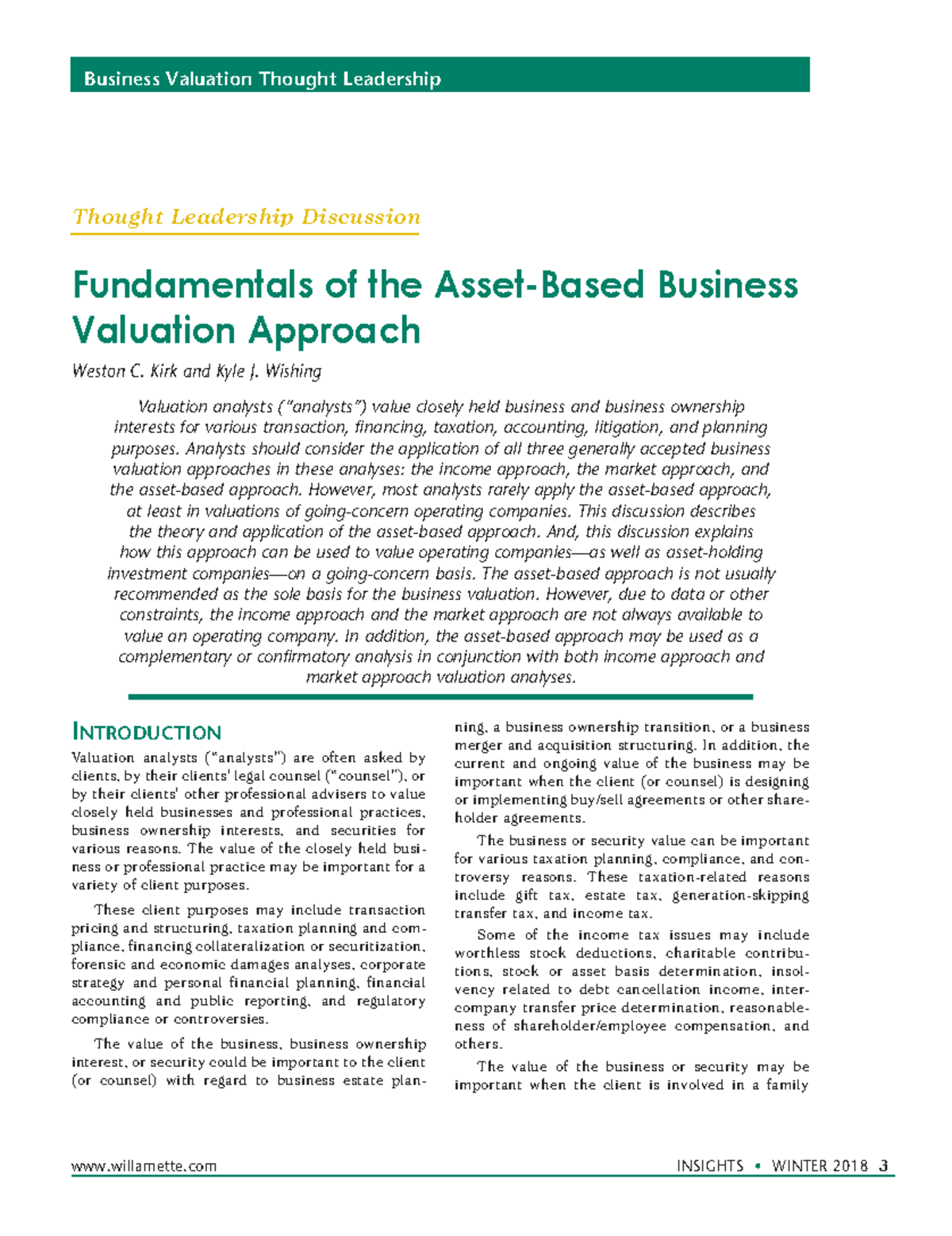 Asset based valuation example - willamette INSIGHTS • WINTER 2018 3 ...