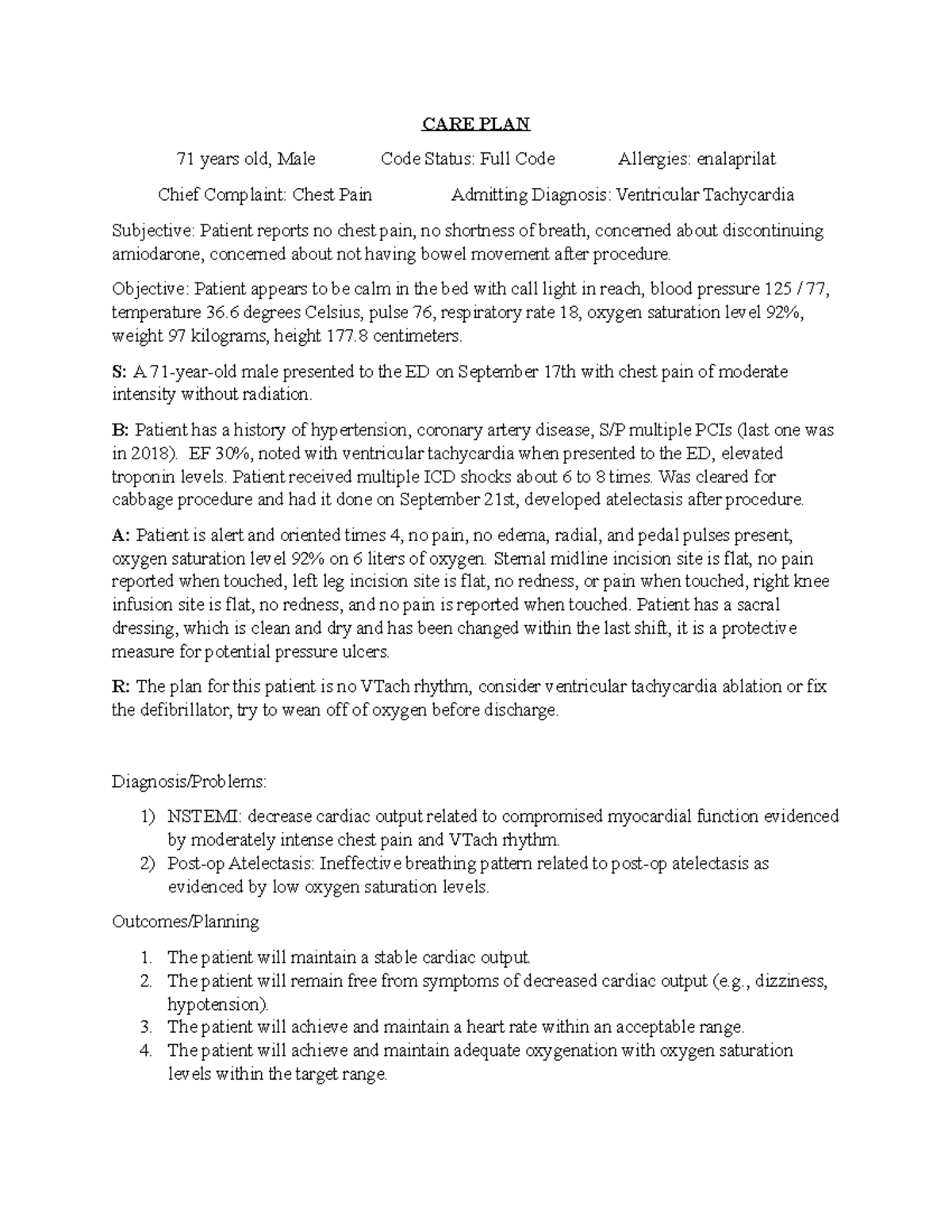 Care Plan EHR2 - helpful info - CARE PLAN 71 years old, Male Code ...