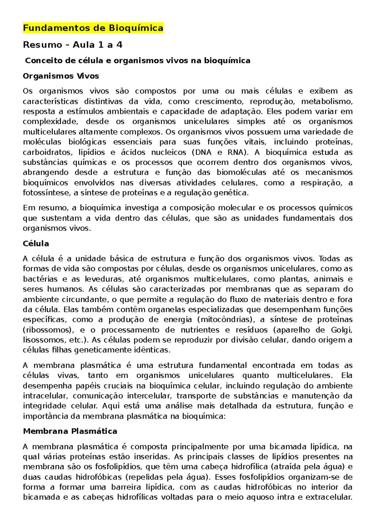 Fundamentos de Bioquímica - Resumo Aulas 1 a 4 - Fundamentos de ...