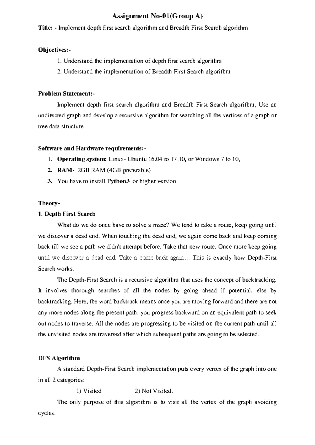AI Lab. Practice - II Lab Manual - Assignment No-01(Group A) Title: - Implement depth first ...