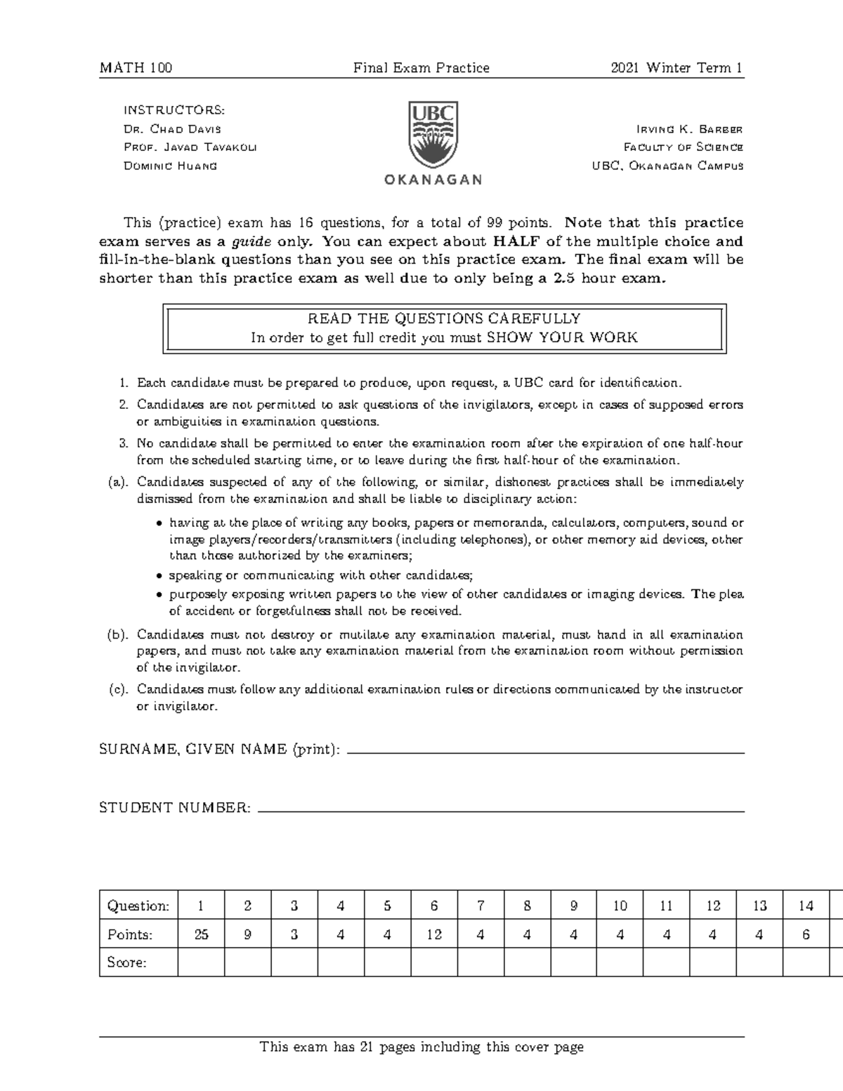 Math 100 Practice Final - MATH 100 Final Exam Practice 2021 Winter Term ...