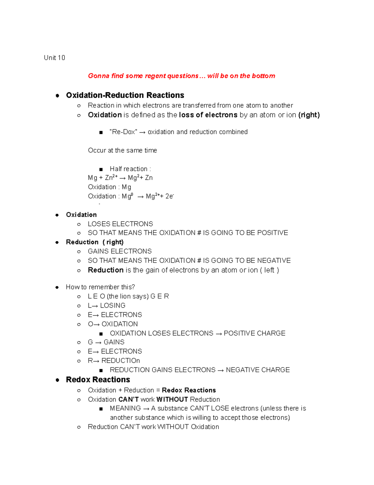 Unit 10 Redox Reactions - Unit 10 Gonna find some regent questions ...