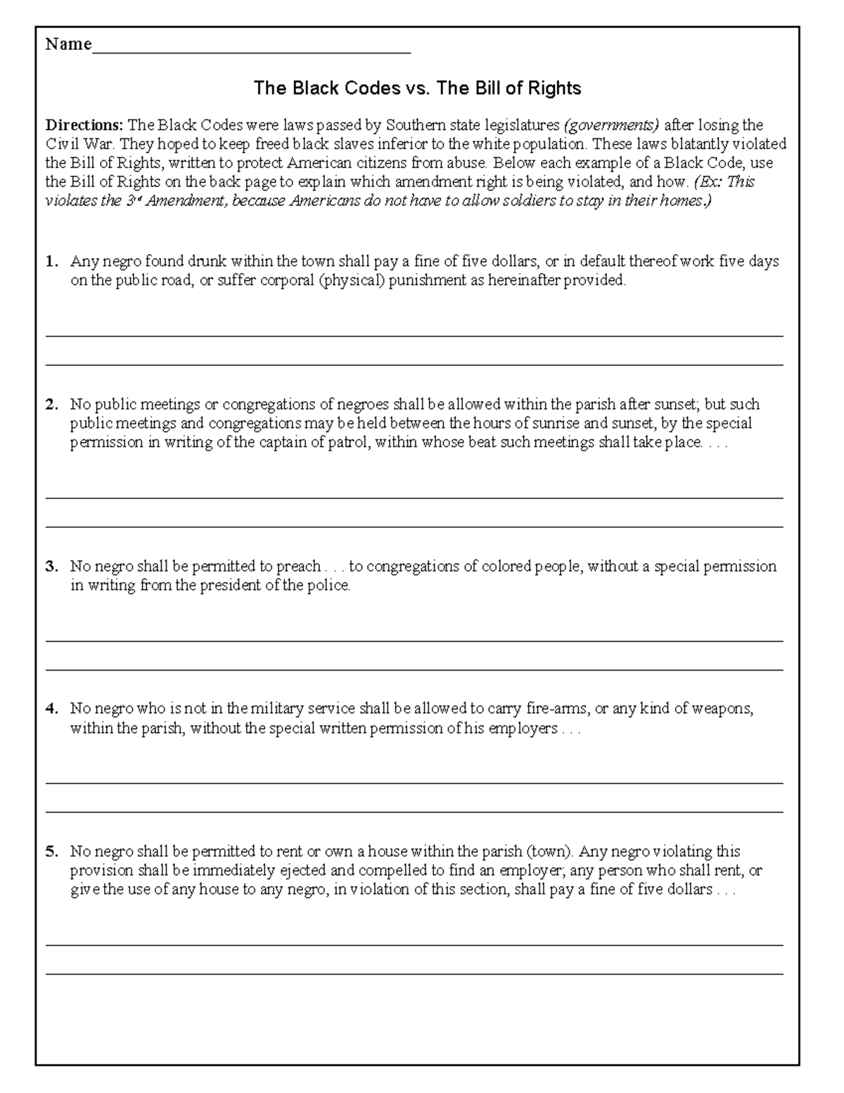 Reconstruction Black Codesvs The Billof Rights-1 - Name ...