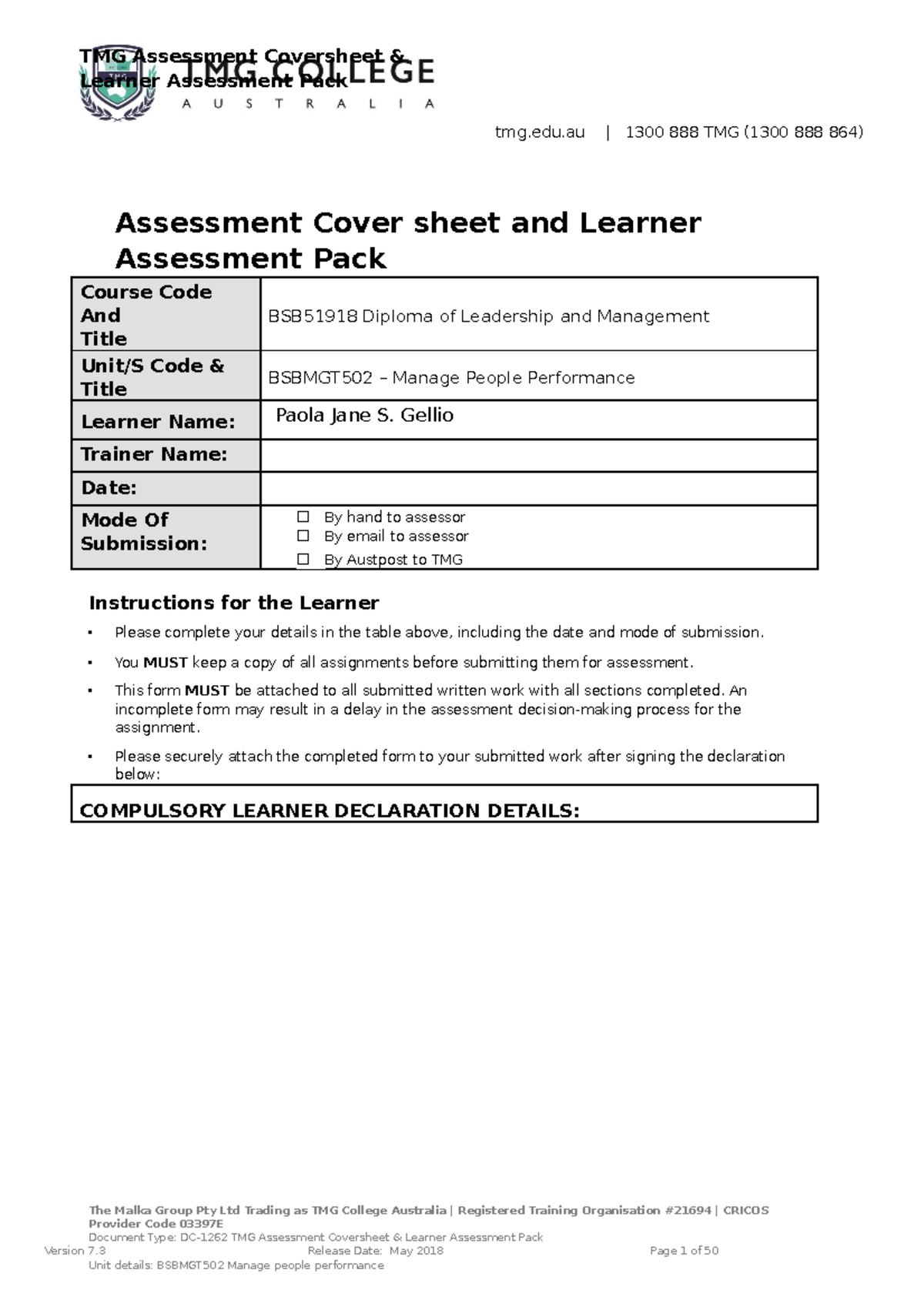 Bsbmgt 502 - Assessment pack - TMG Assessment Coversheet & Learner ...