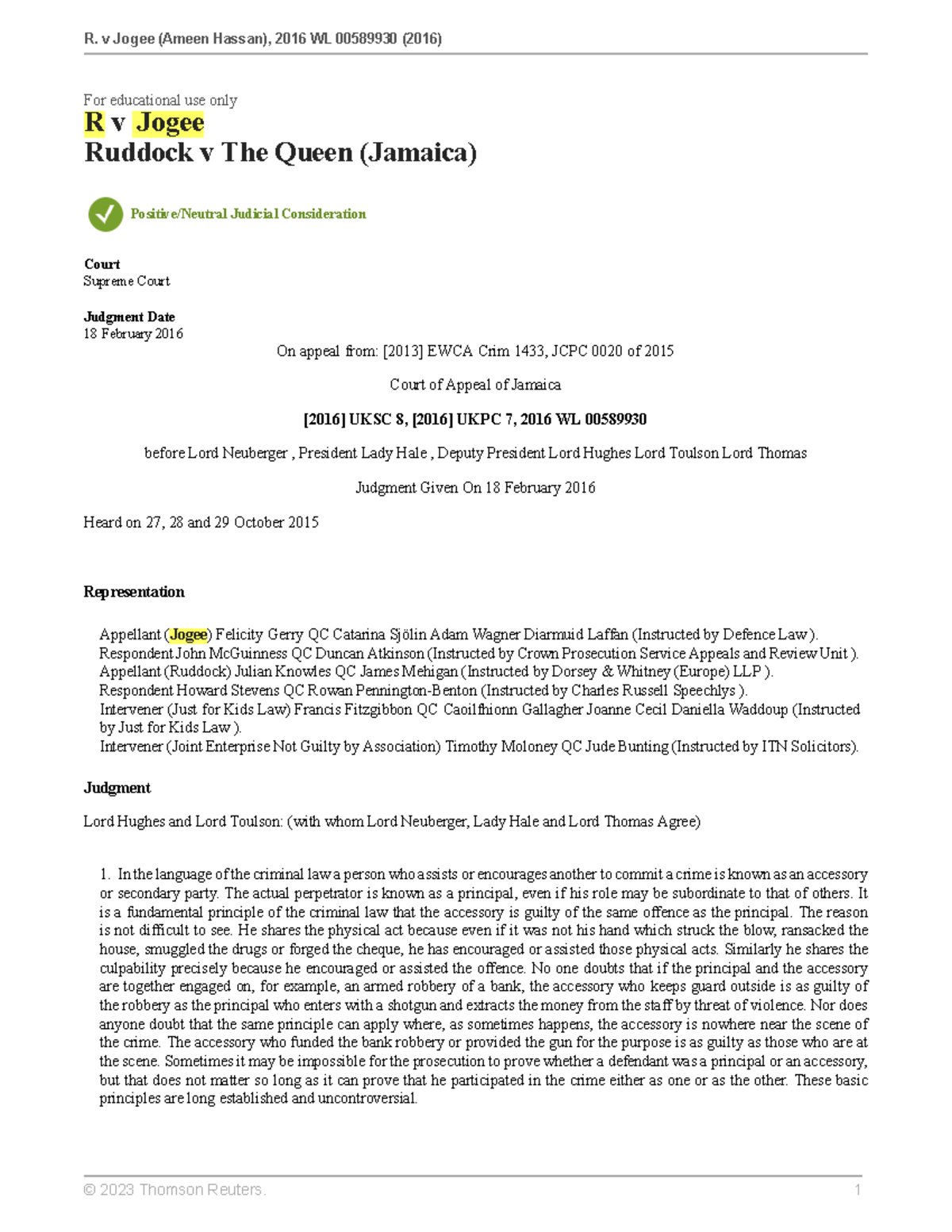 R v Jogee (Ameen Hassan) - For educational use only R v Jogee Ruddock v ...