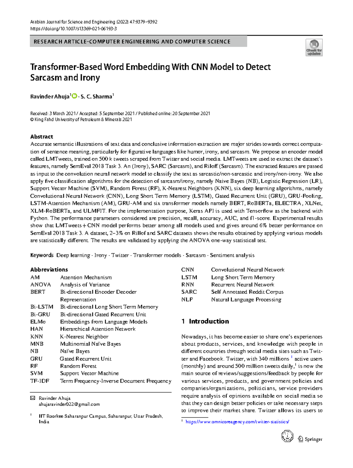 Ravinder ahuja transformer based word embedding with - Vol.:(0123456789 ...