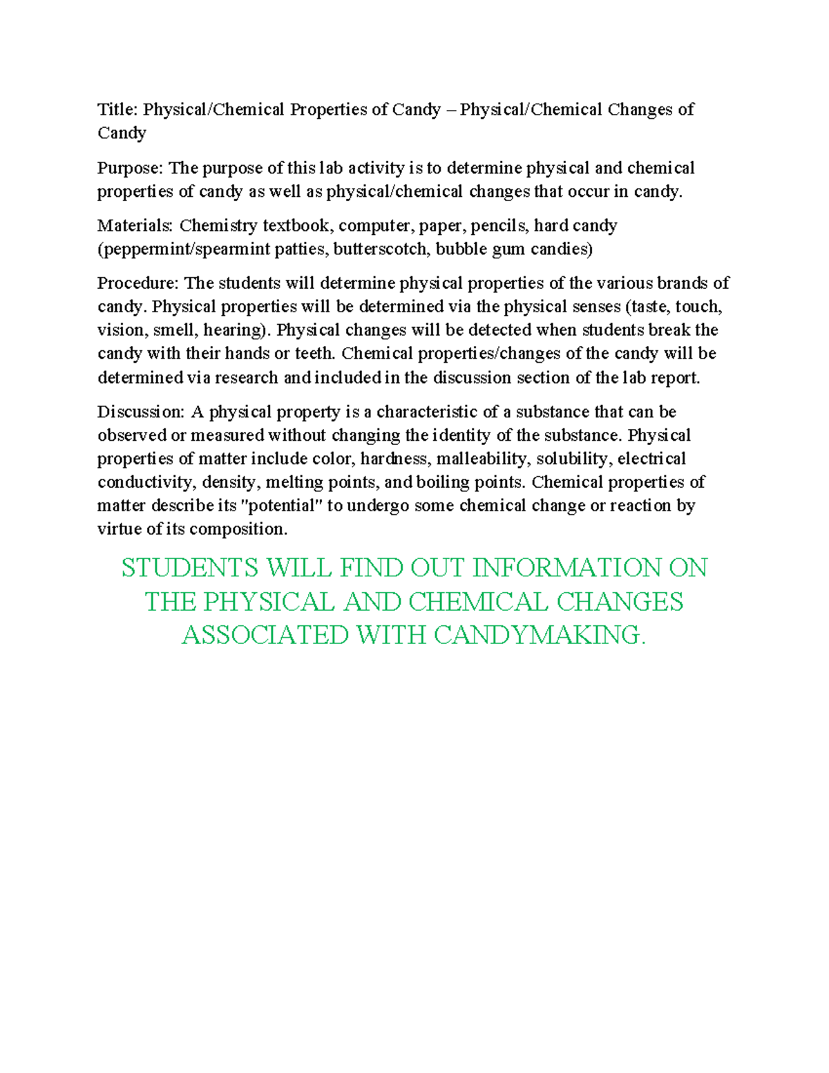 Physical and Chemical Changes or Properties In Candy - Title: Physical ...