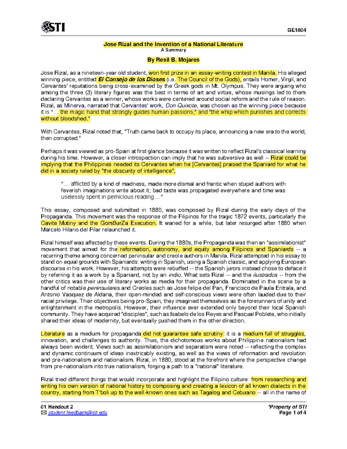 Rizal-2 - rizal life and works - 01 Handout 2 *Property of STI Jose ...